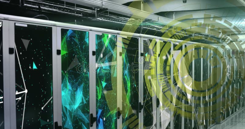 Animation of Loading Circles Over Connected Dots and Globe Over Data Server Racks in Server Room ...
