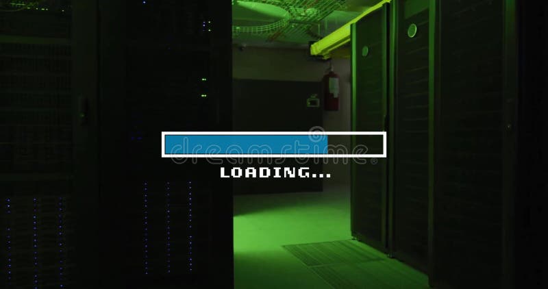 Animation of Loading Text and Time Bar Over Dark Server Room Stock ...