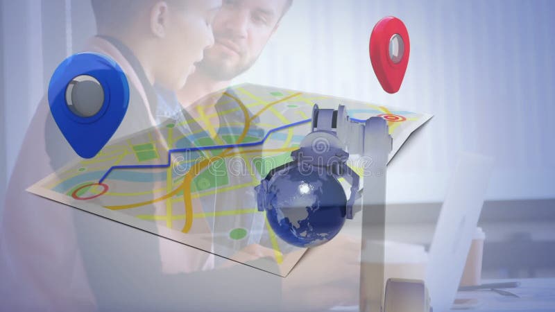Animation of Location Pins, Cctv Camera with Map Over Business People ...