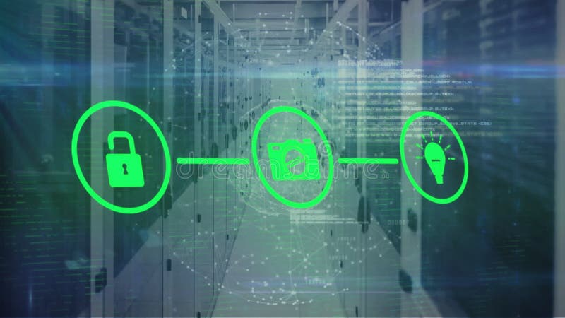 Animation of Lock, Camera, Bulb Forming Flowchart Over Digital Globe ...