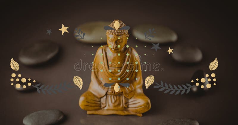 Animation of Looping Circles Over Leaves and Stone Around Buddha Statue ...