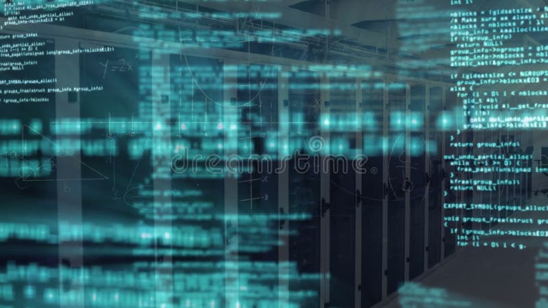 Animation of Looping Computer Language Over Server Room in Background Stock Footage - Video of ...