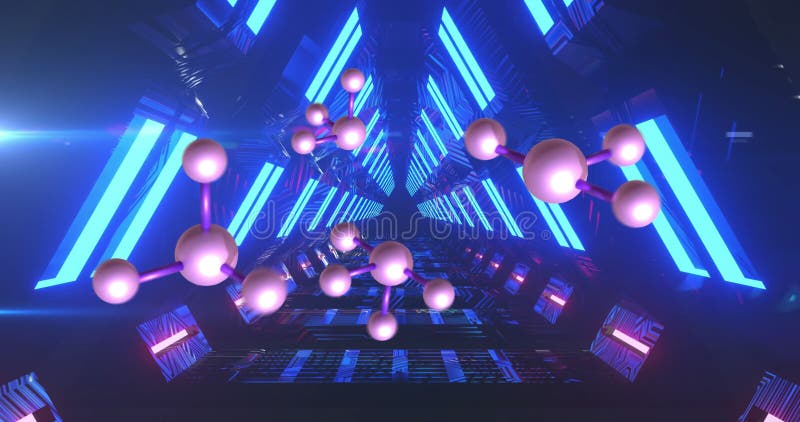 Animation of Macro of Molecules in Blue Neon Tunnel Background Stock ...