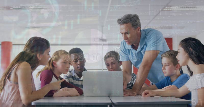 Animation of Male Teacher Teaching Multiracial Students with Laptop ...