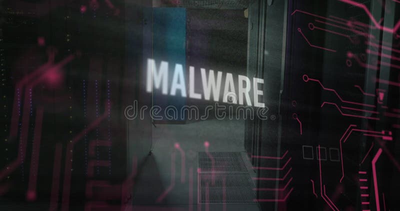 Animation of Malware Text in Circuit Board Pattern Over Server Room in ... Animation of Malware Text in Circuit Board Pattern Over Server Room in ...