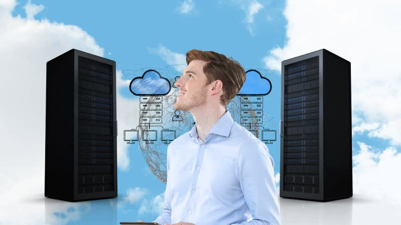 Animation of Man and Computer Server Over Cloudy Sky Stock Footage ...