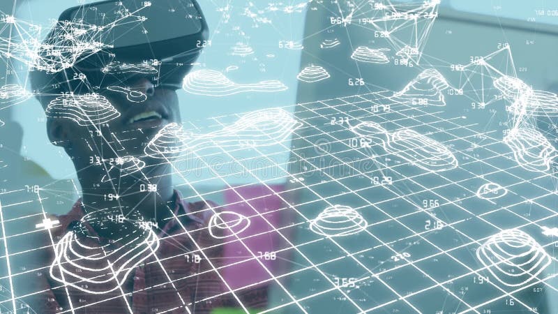 Animation of Man Wearing Virtual Reality Headset Against Grid with Map ...