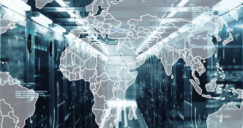 Animation Of Map And Computer Language Over Bars On Data Server Racks