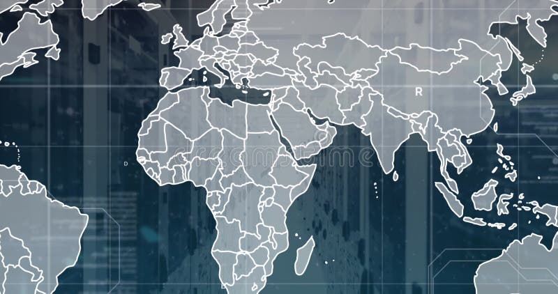 Animation Of Map And Computer Language Over Data Server Racks In Server