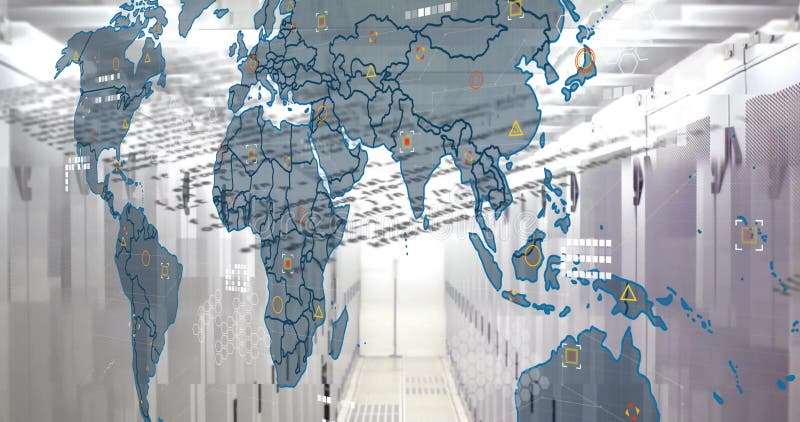 Animation of Map and Computer Language Over Data Server Room Stock ...