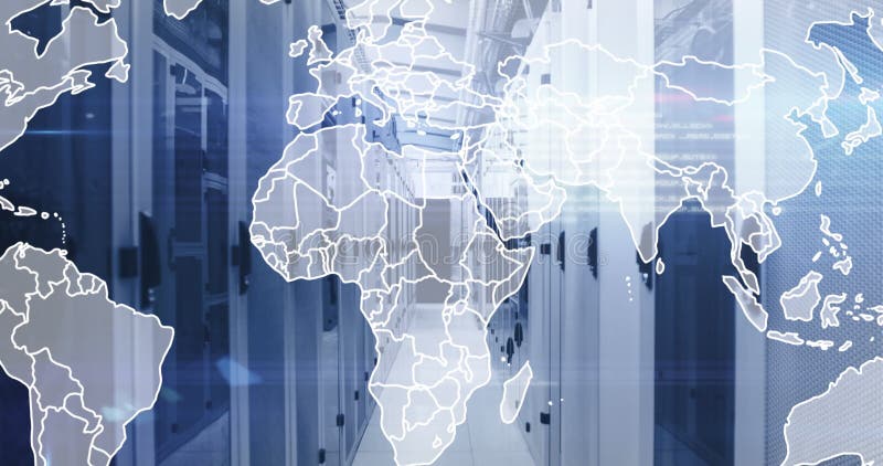 Animation of Map and Computer Language Over Server Room in Background ...
