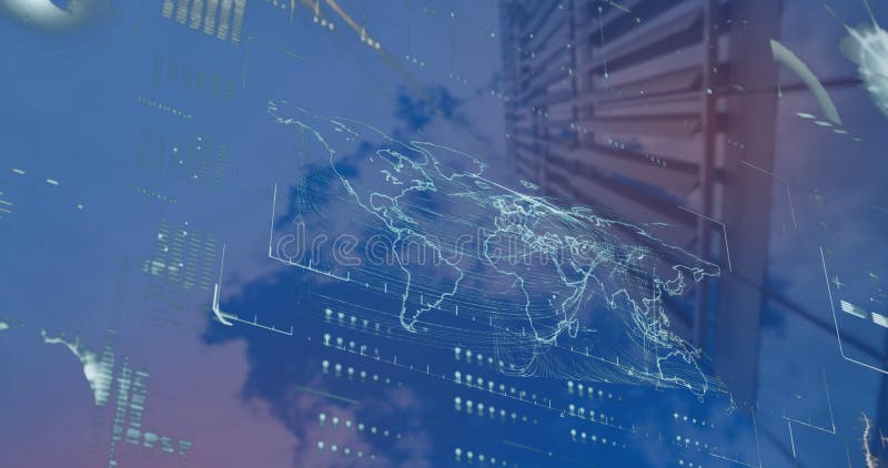 Animation of Map, Globe and Loading Bars Over Low Angle View of ...