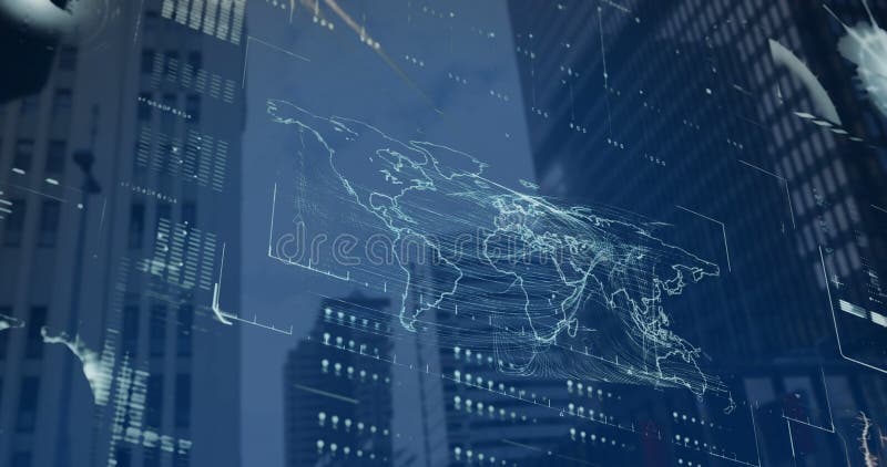 Animation of Map, Globe, Loading Bars Over Modern Buildings Against Sky ...