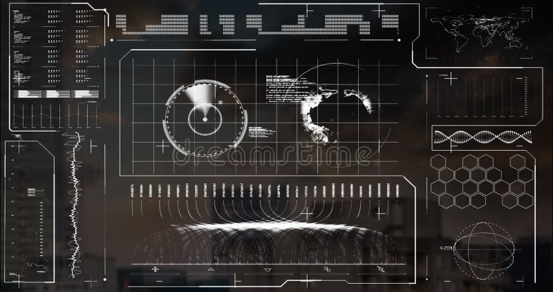 Animation of Map, Globe, Loading Bars, Soundwave Over Modern Buildings ...