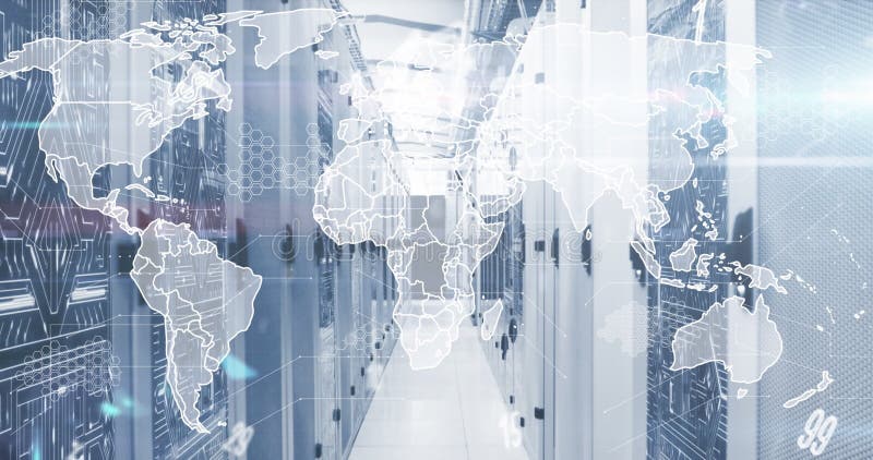 Animation of Map, Numbers, Symbols and Map Over Circuit Board Pattern in Data Server Racks Stock ...