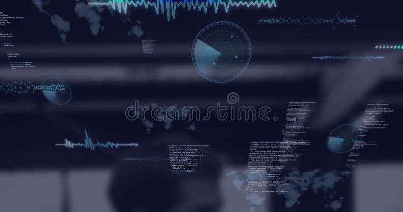 Animation of Maps, Radars, Sound Waves and Computer Language Over Abstract Background Stock ...