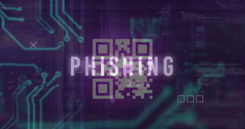 Animation Of X Mark On Phishing Text And Qr Code Binary Codes Against Circuit Board Texture