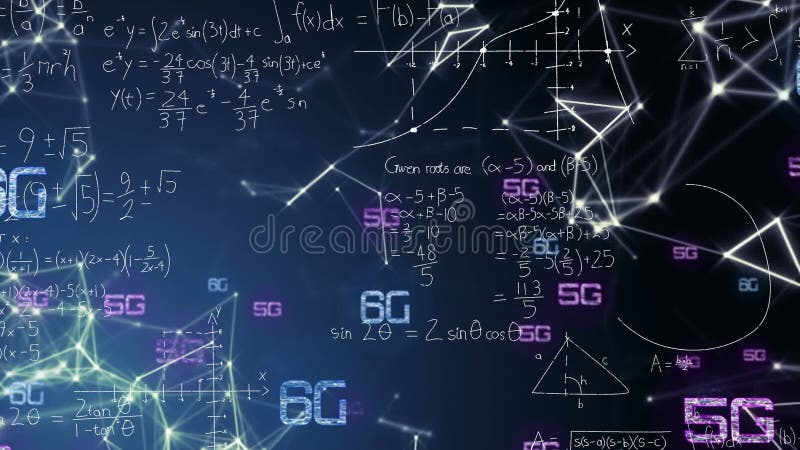 Animation of Math Formulas, Connections and 6g on Black Background with ...