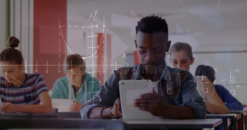 Animation of Math Formulas Moving Over African American Boy and Class ...
