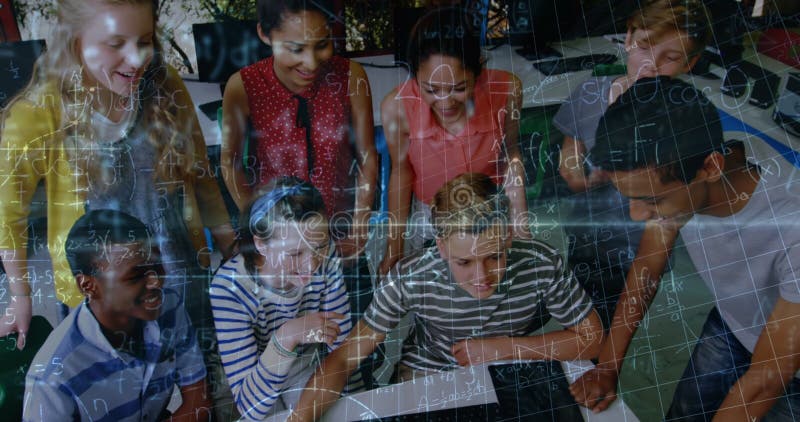 Animation of Math Formulas Moving Over Happy Diverse Pupils Working on ...