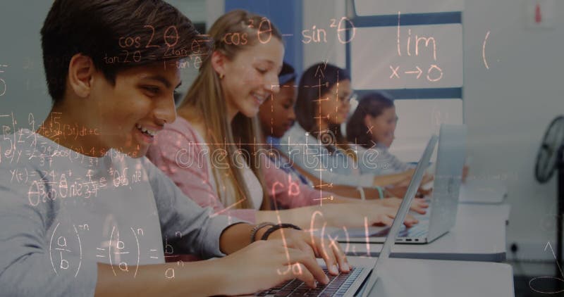 Animation of Math Formulas Moving Over Happy Diverse Pupils Working on ...
