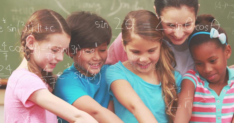 Animation of Math Formulas Over Diverse Pupils at School Stock Footage ...