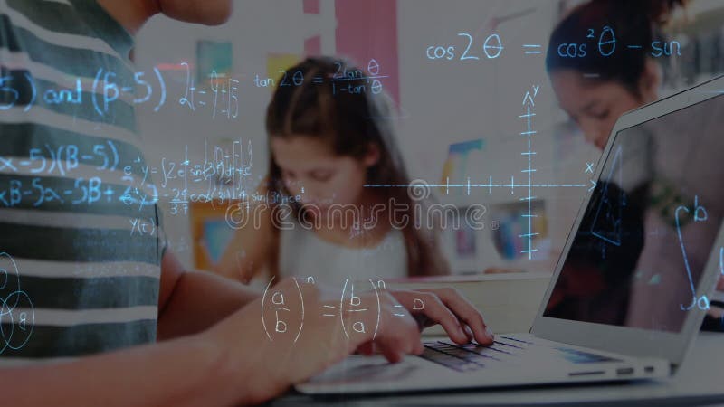 Animation of Math Formulas Over Hands of Caucasian Boy Using Laptop at ...