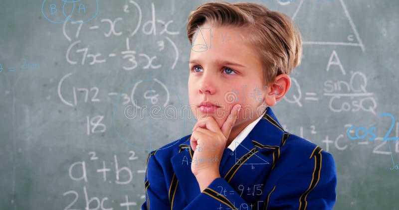 Animation of Math Formulas Over Thoughtful Caucasian Boy Over ...