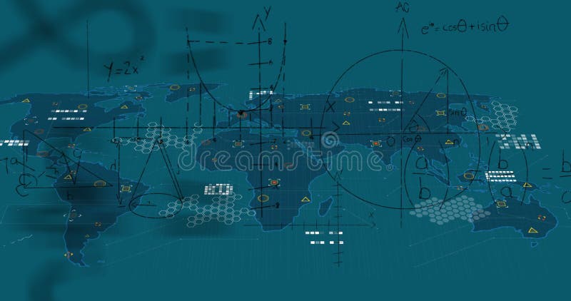 Animation of Mathematical Data Processing Over World Map on Green ...