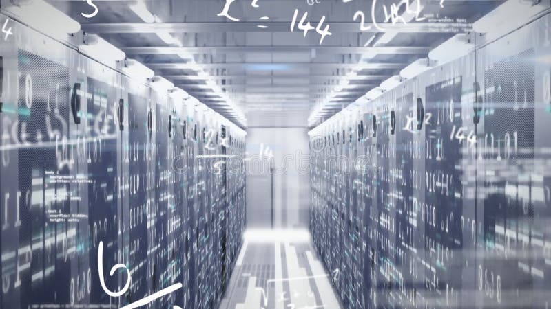 Animation Of Mathematical Equations Binary Coding Mosaic Squares Against Computer Server Room