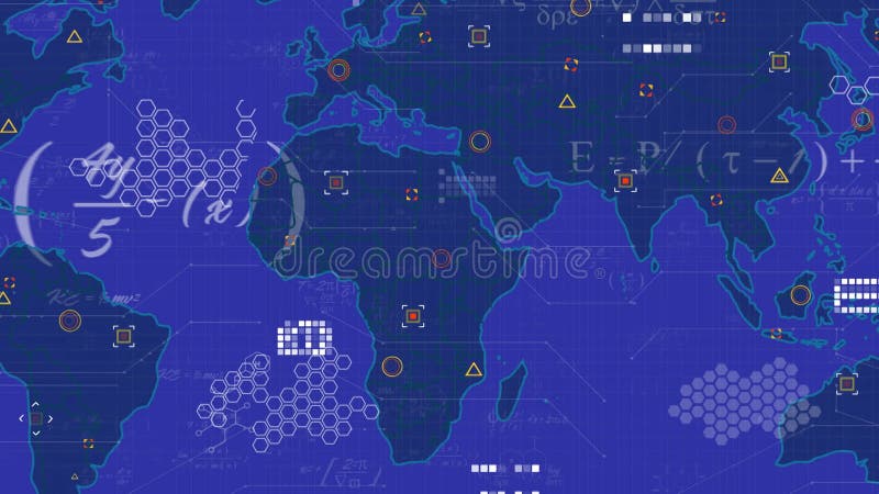 Animation of Mathematical Equations, Circuit Board Pattern on Map Over ...