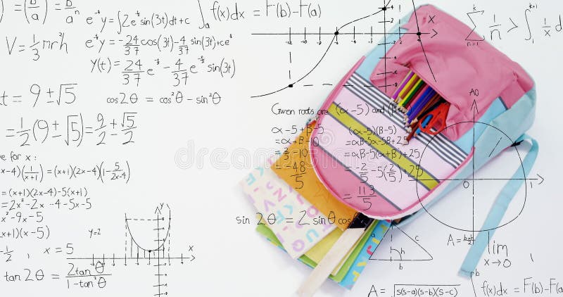 Animation of Mathematical Equations Floating Over School Bag on White ...