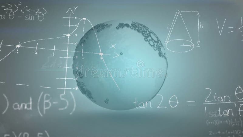 Animation of Mathematical Equations Over Globe with Cogs on Grey ...