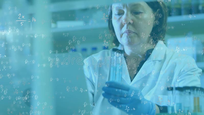 Animation of Mathematical Formulas Over Caucasian Female Scientist with ...