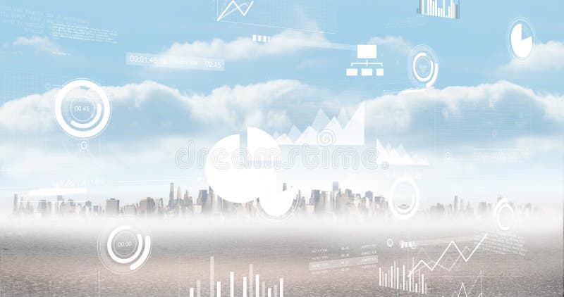 Animation of Media Icons and Charts Processing Data Over Cloudy Bright Cityscape Stock Footage ...