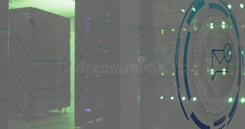 Animation of Message Block Icon Over Round Scanner Against Computer Server Room Stock Footage ...