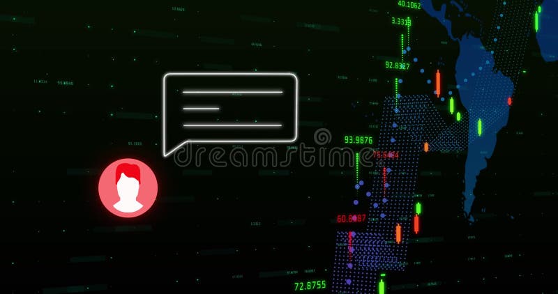Animation of Message Box, Profile Icons and Map with Graphs Over Black ...