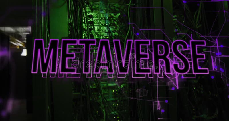 Animation of Metaverse Text and Network of Connections Over Server Room ...