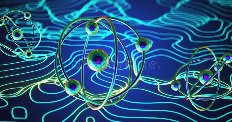 Animation of Micro of Atom Models Over Lines on Blue Background Stock ...