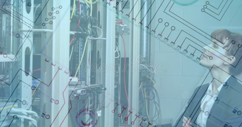 Animation of Microprocessor Blueprint Over Caucasian Woman Working in ...