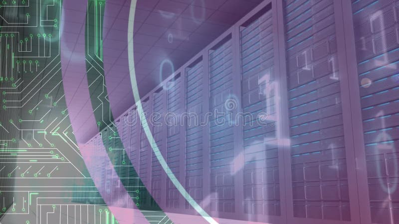 Animation Of Microprocessor Connections And Binary Coding Over Empty Computer Server Room Stock
