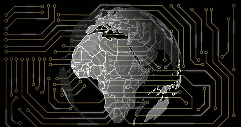 Animation of Microprocessor Connections Over Spinning Globe Against ...