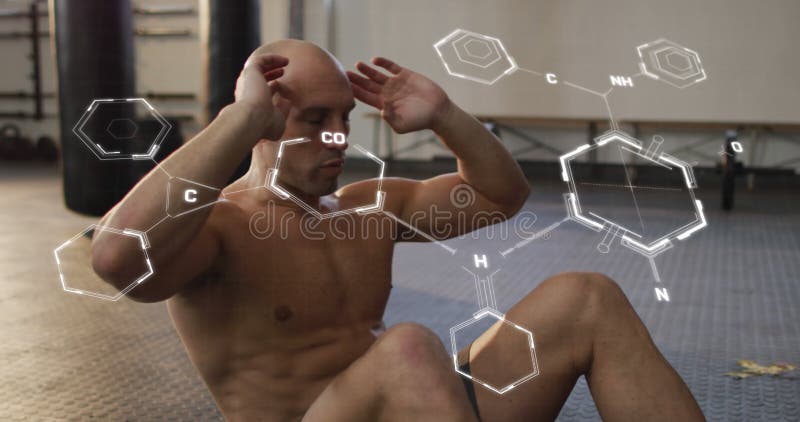 Animation of Molecule Structures Over Bald Boxer Doing Crunches in ... Animation of Molecule Structures Over Bald Boxer Doing Crunches in ...