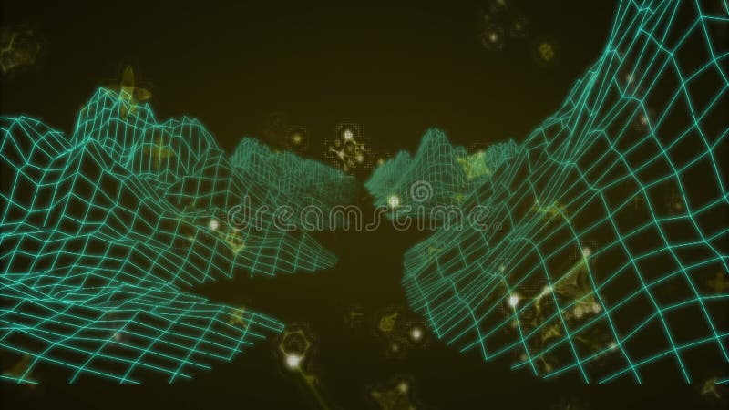 Animation of Molecules Over Digital Mountains on Black Background Stock ...