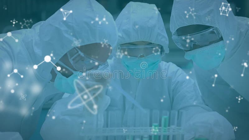 Animation of Molecules Over Diverse Lab Workers in Safety Clothes with ...