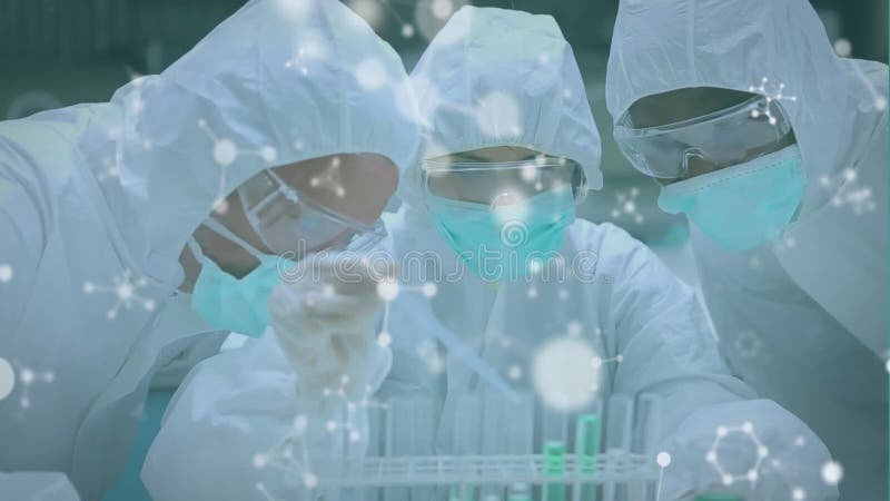Animation of Molecules Over Diverse Scientists Doing Experiments Stock ...