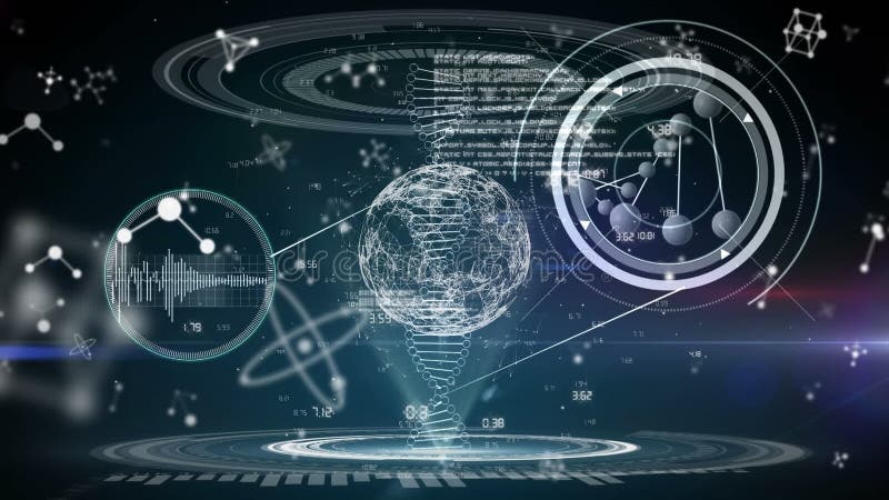 Animation of Molecules, Scientific Data and Globe on Black Background ...