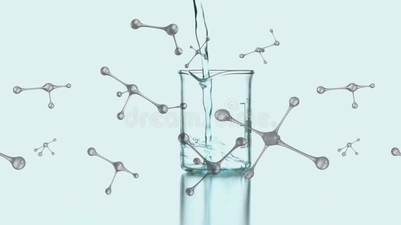 Animation of Molecules Spinning Over Blue Liquid Pouring into ...