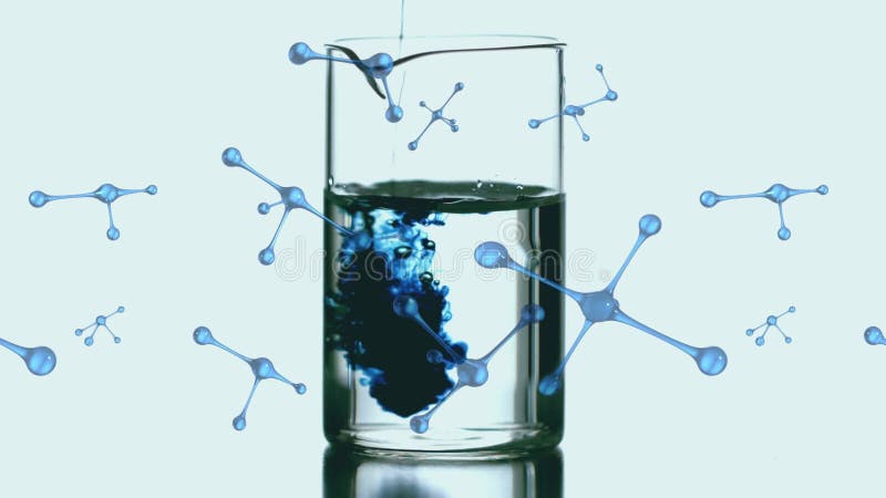 Animation of Molecules Spinning Over Blue Liquid Pouring into ...