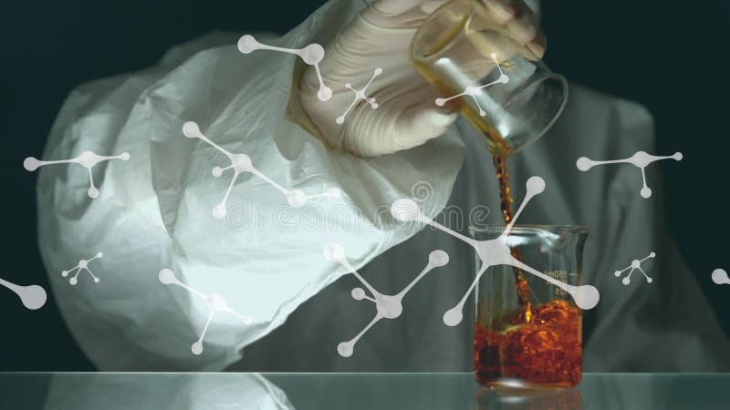 Animation of Molecules Spinning Over Scientist Pouring Liquid into ...